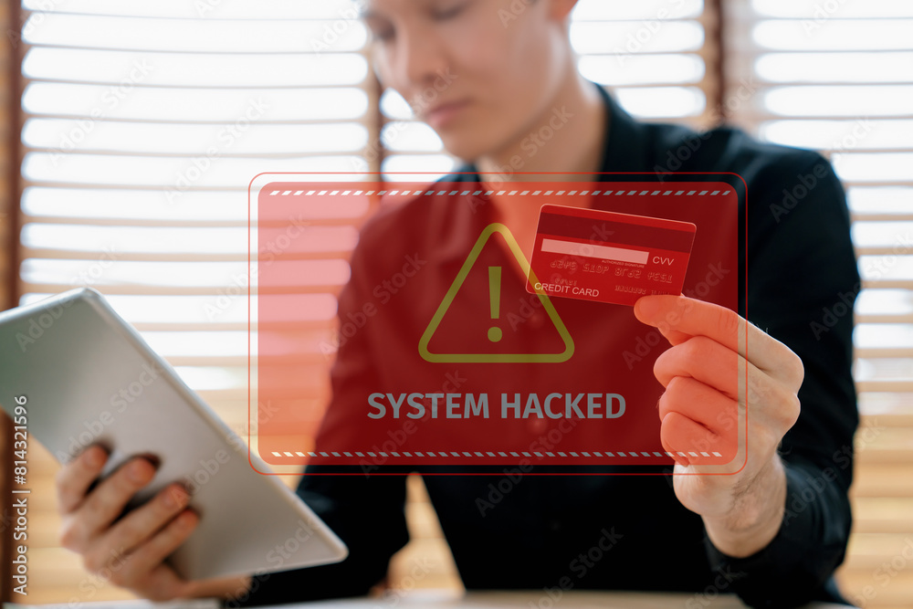 Customer watching hologram interface warn danger of credit card hacked ...