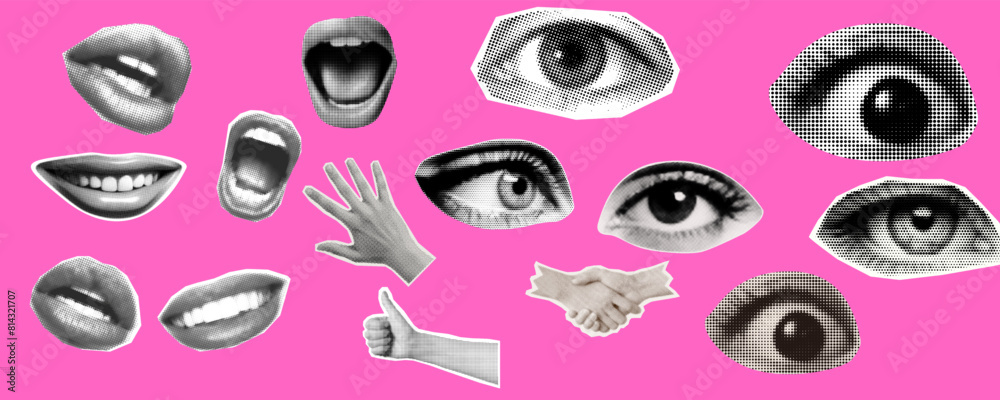 Big trendy halftone collage sticker set. Hand gestures, lips, eyes ...