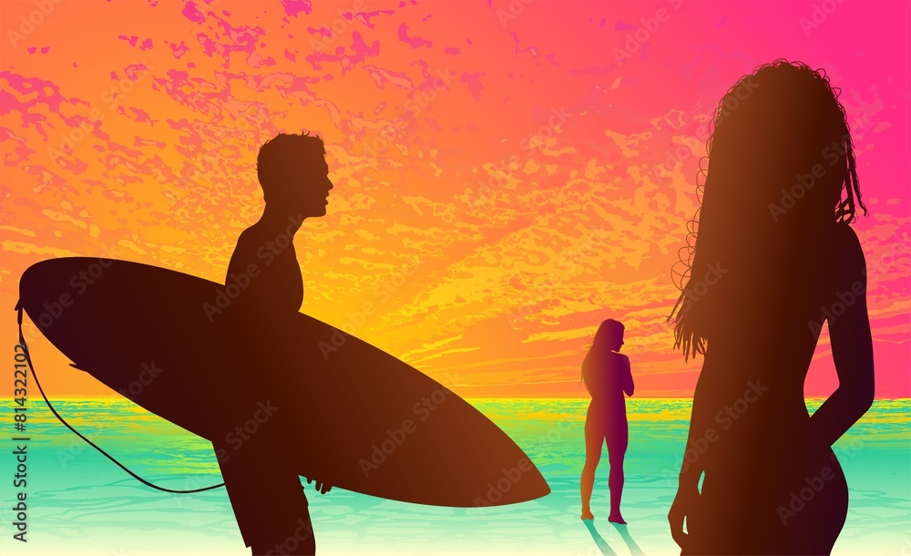 surfistas, contraluz, vector, tabla, surf, mar, atardecer, mujer ...