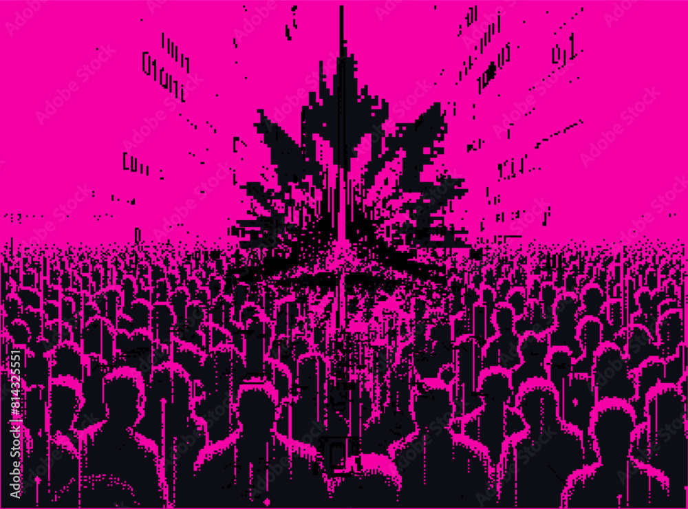 Pixel art illustration depicting a human crowd standing in front of an ...