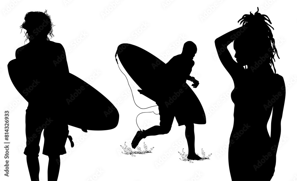 surfistas, contraluz, vector, tabla, surf, mar, atardecer, mujer ...