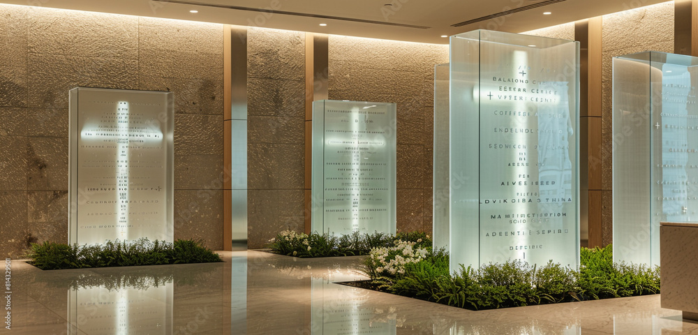 Modern memorial crosses with sleek, glass panels etched with the names ...