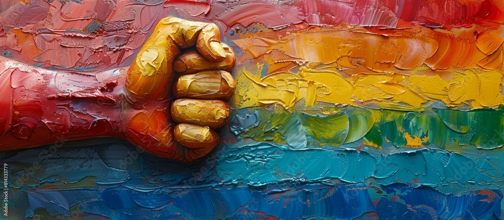 Pride fist, LGBT gay, rainbow hand LGBTQ flag day fight, oil painting ...
