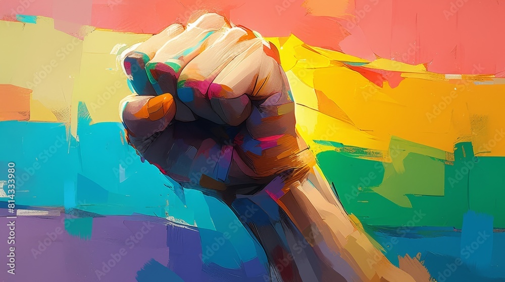 Pride fist, LGBT gay, rainbow hand LGBTQ flag day fight, oil painting ...