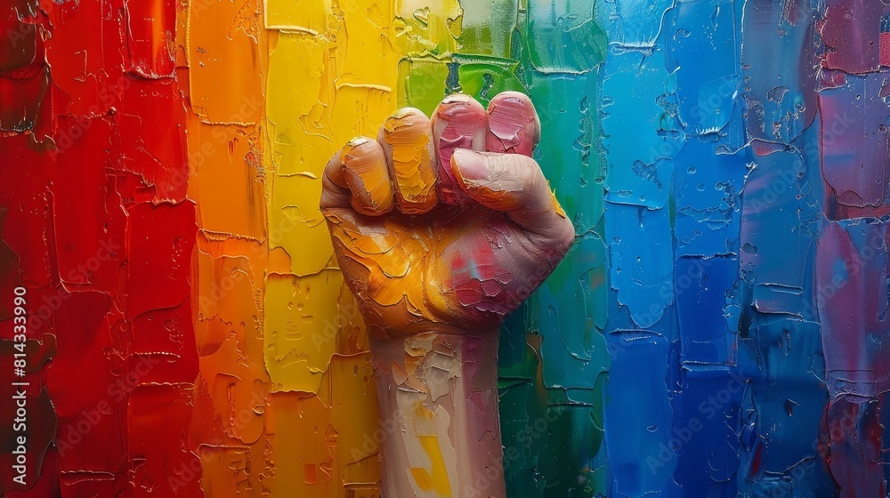Pride fist, LGBT gay, rainbow hand LGBTQ flag day fight, oil painting ...