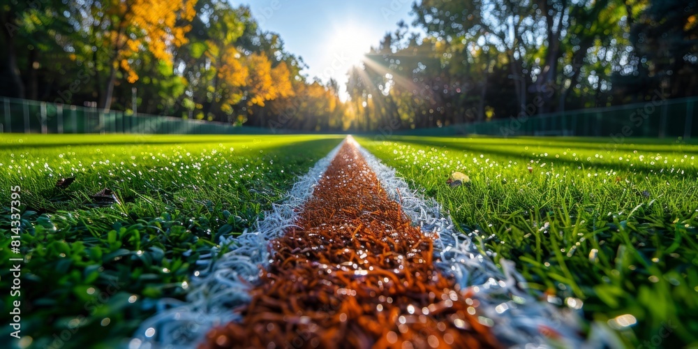 Close-up of artificial turf, grass track and field track on soccer ...