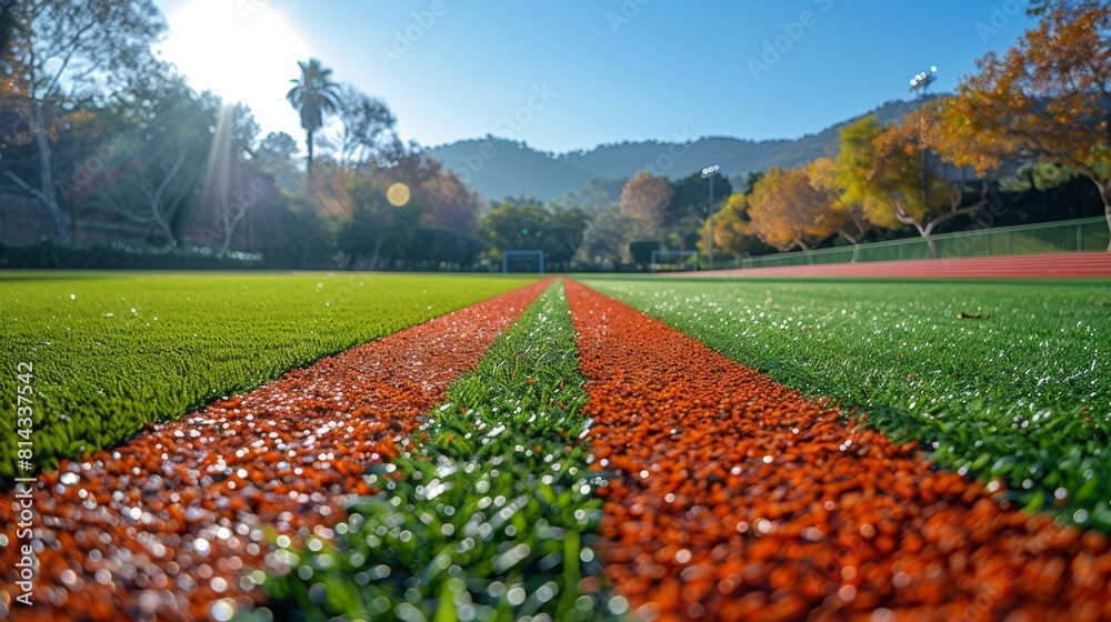 Close-up of artificial turf, grass track and field track on soccer ...