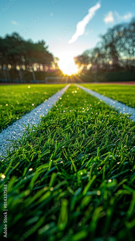 Close-up of artificial turf, grass track and field track on soccer ...
