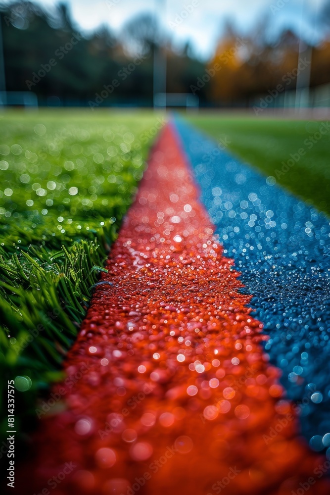 Close-up of artificial turf, grass track and field track on soccer ...