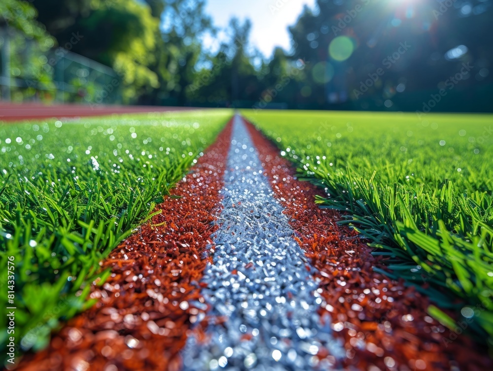 Close-up of artificial turf, grass track and field track on soccer ...