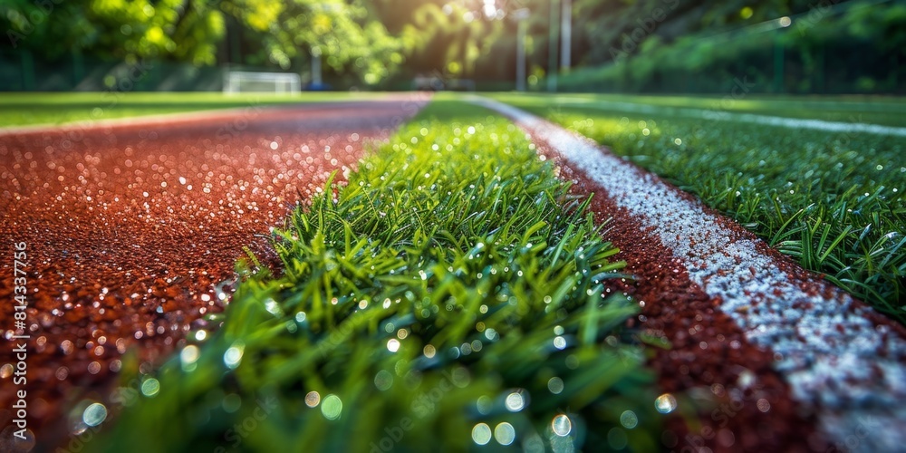 Close-up of artificial turf, grass track and field track on soccer ...