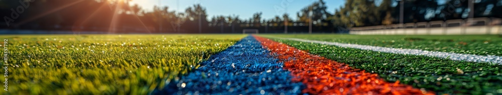 Close-up of artificial turf, grass track and field track on soccer ...