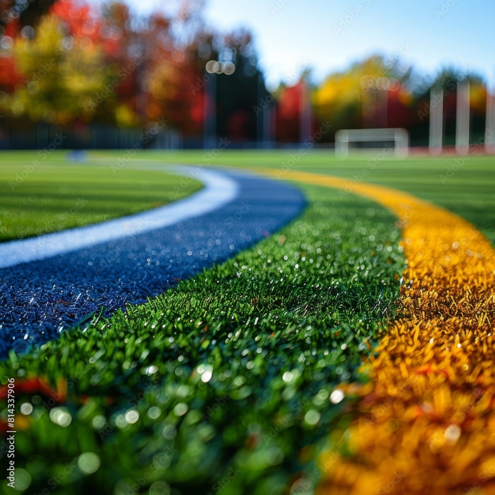 Close-up of artificial turf, grass track and field track on soccer ...