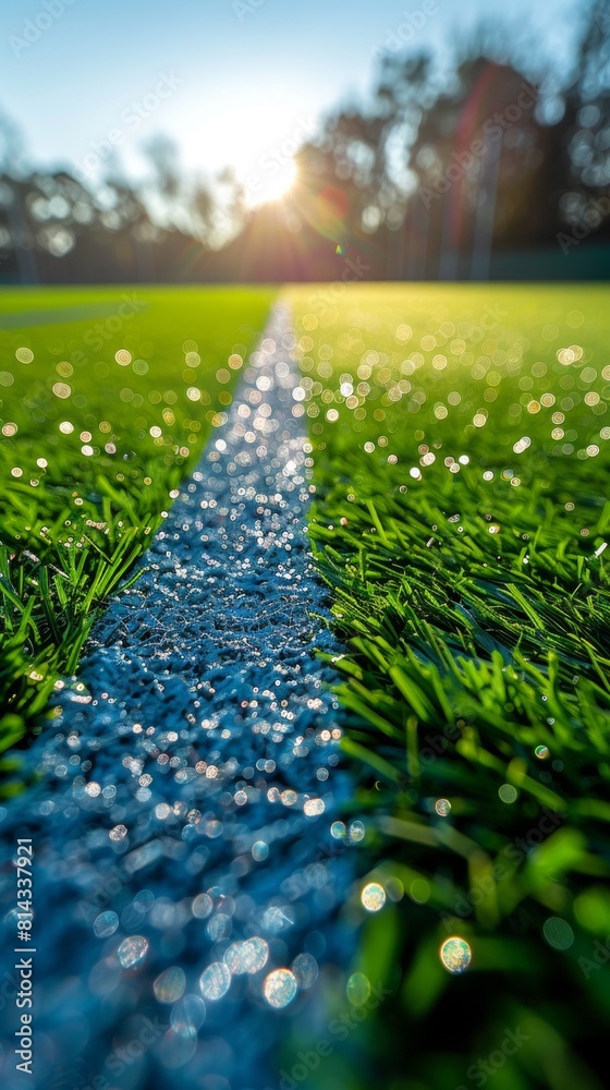 Close-up of artificial turf, grass track and field track on soccer ...