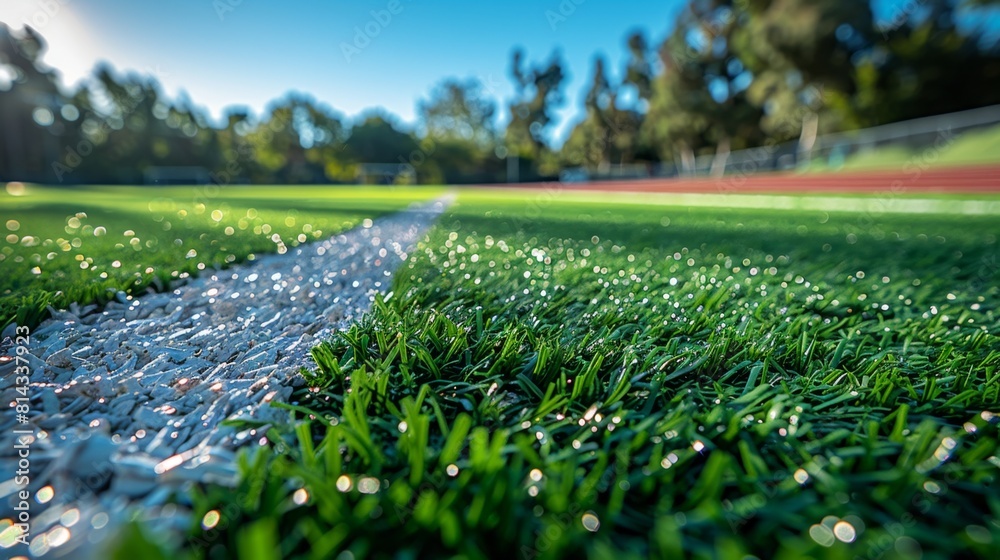 Close-up of artificial turf, grass track and field track on soccer ...