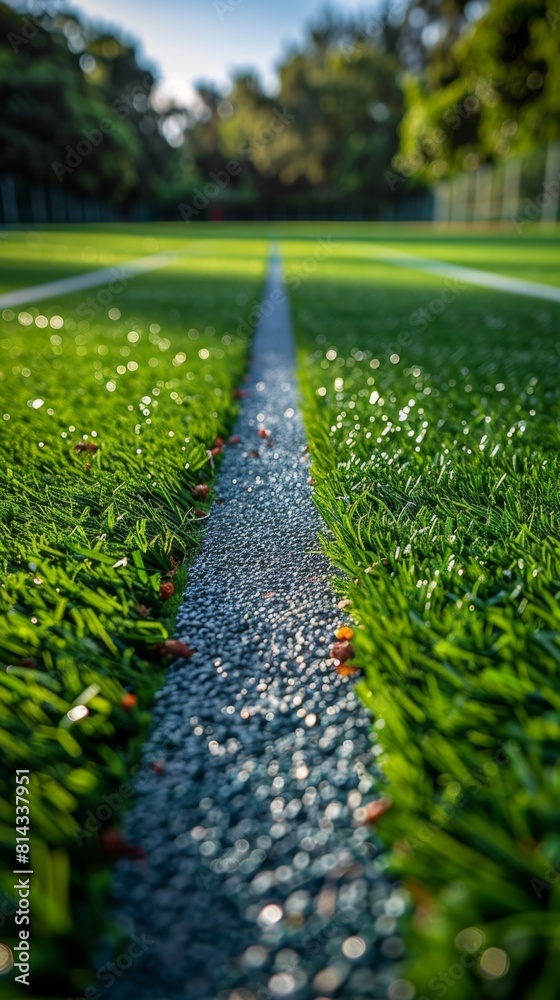 Close-up of artificial turf, grass track and field track on soccer ...