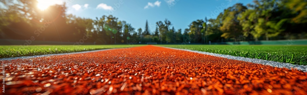 Close-up of artificial turf, grass track and field track on soccer ...