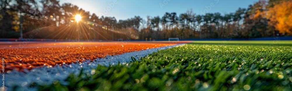 Poster Close-up of artificial turf, grass track and field track on ...