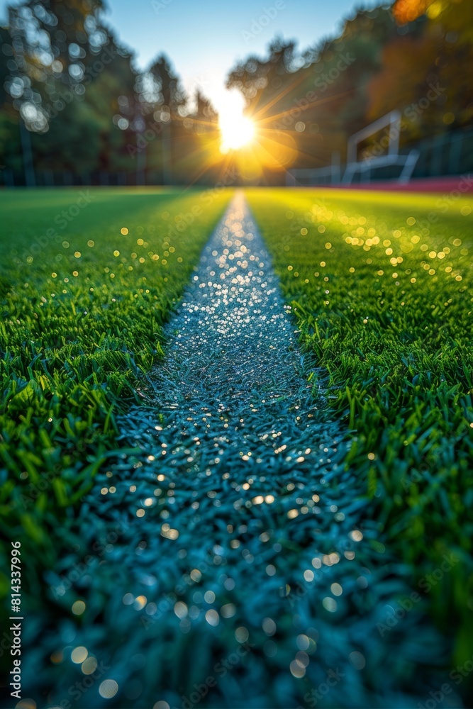 Close-up of artificial turf, grass track and field track on soccer ...
