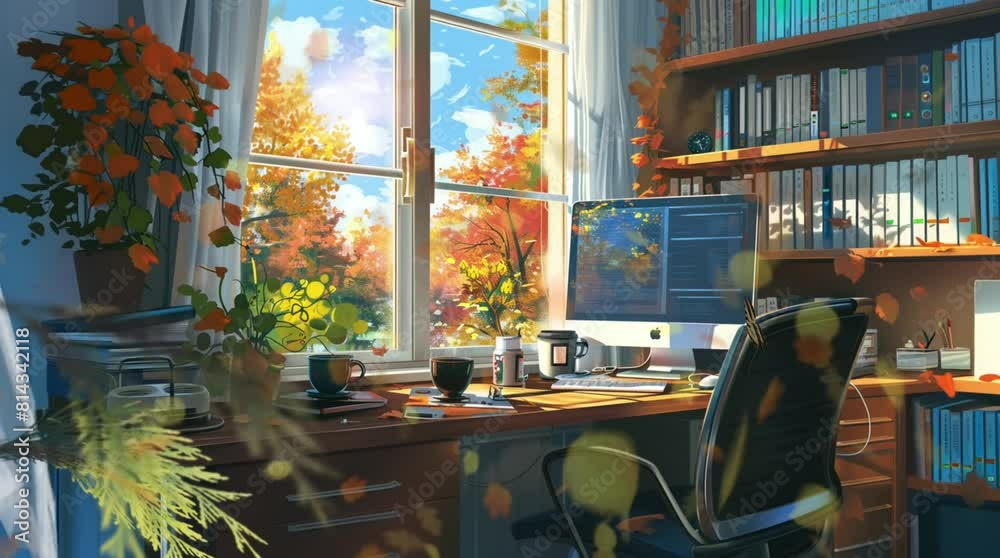 room interior with work desk equipped with computer. autumn scenery ...