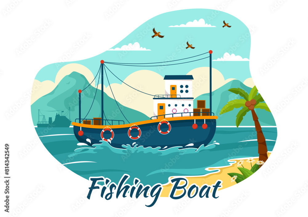 Fishing Boat Vector Illustration with Fishermen Hunting Fish Using Ship ...