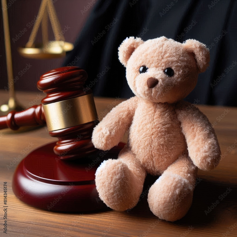 teddy bear sitting beside a judge's gavel, symbolizing the intersection ...