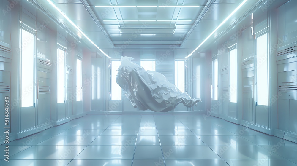Conceptual 3D garment floating in a zerogravity chamber, side view ...