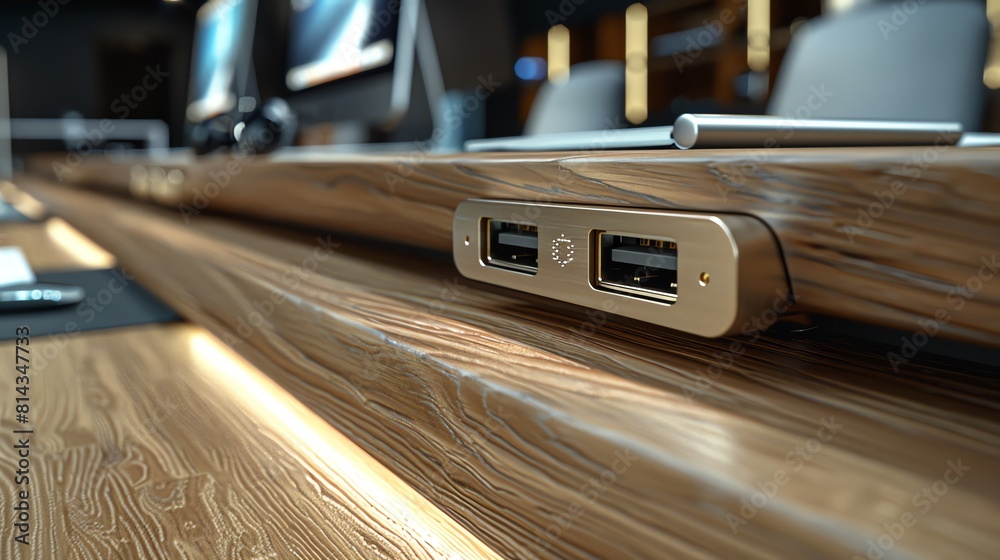Engraved USB ports in an elegant wooden desk, side view, Elegant ...