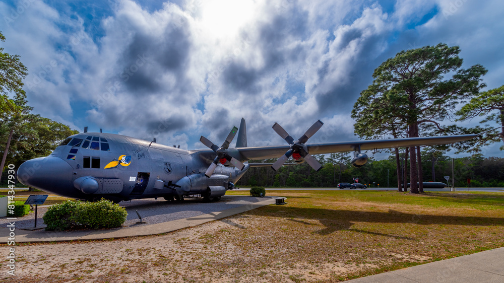 Eglin AFB, FL—April 29, 2024; front port side view of an AC-130H grey ...