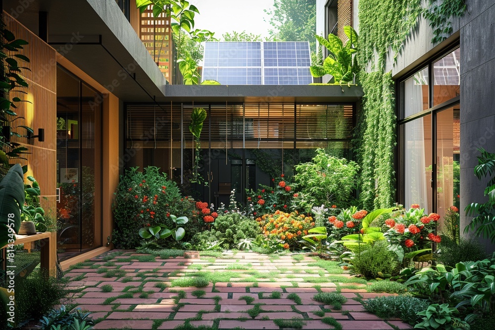 Solar cell technology in garden flat design front view green energy ...