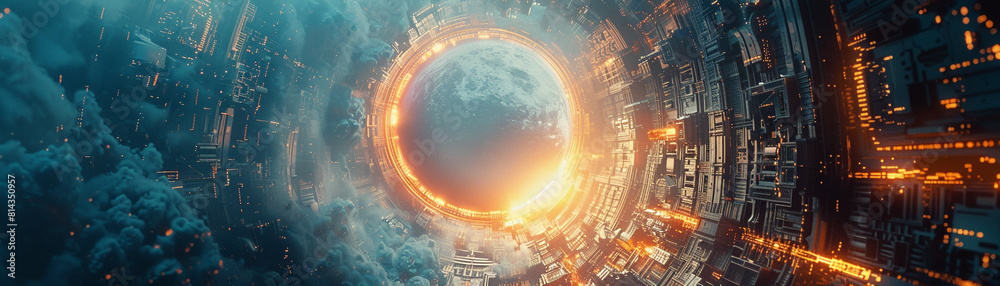 Portal opening to a future world with mythical creatures and robots ...