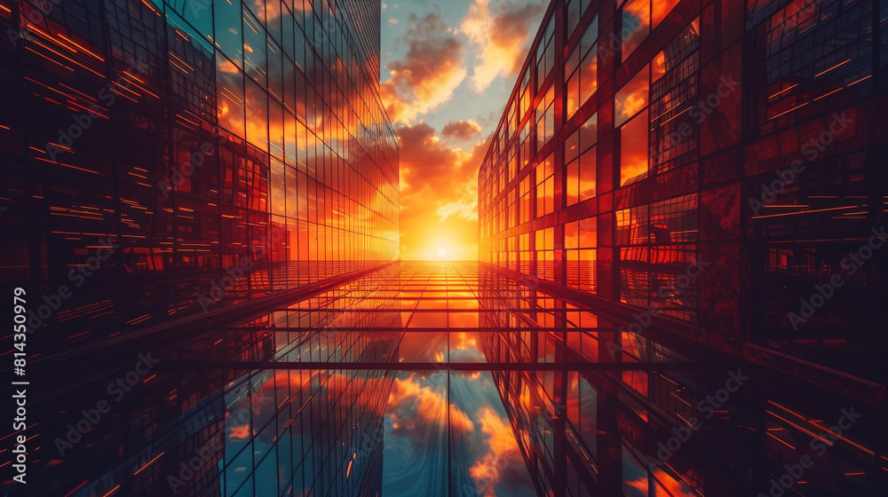 Shiny glass building mirroring a vivid sunset, front view, Sunset glass ...
