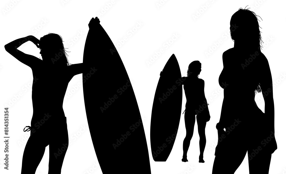 surfistas, contraluz, vector, tabla, surf, mar, atardecer, mujer ...
