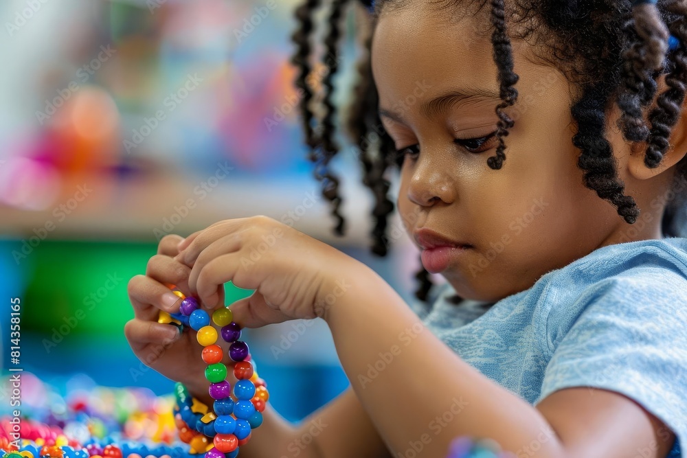 Over the shoulder perspective of a preschooler carefully stacking ...
