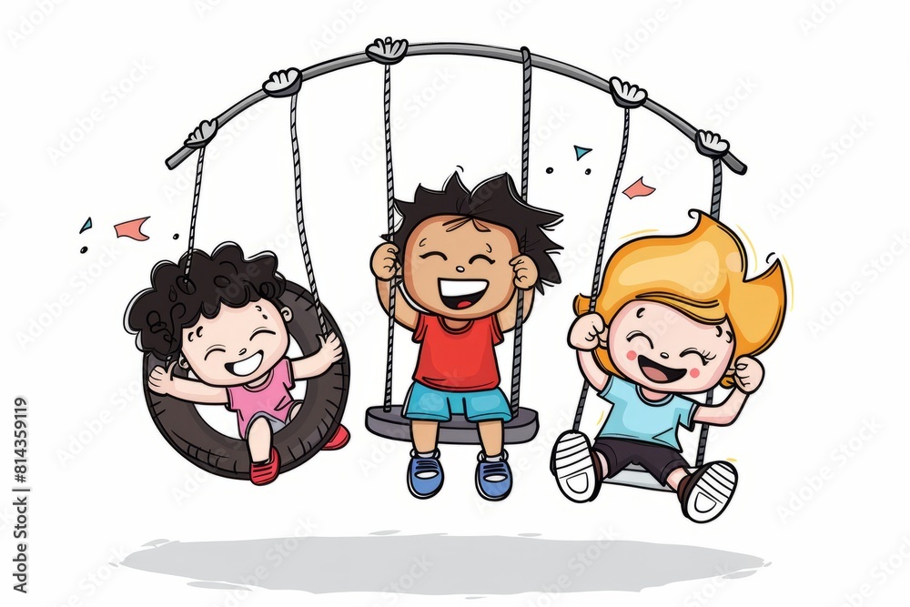 Cartoon cute doodles of children laughing as they spin around on a tire ...