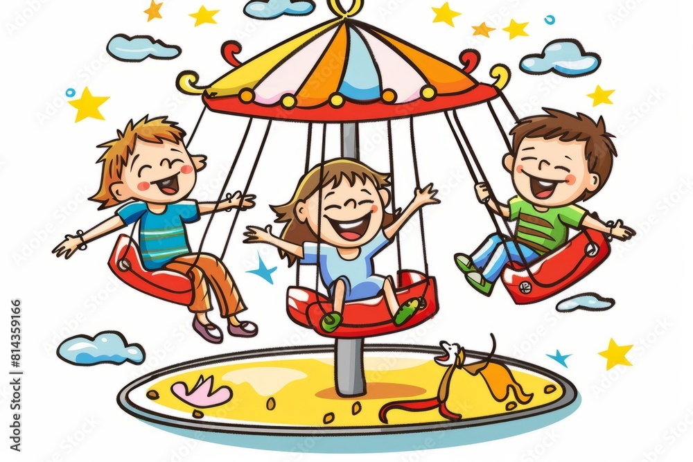 Cartoon cute doodles of children laughing as they spin around on a tire ...