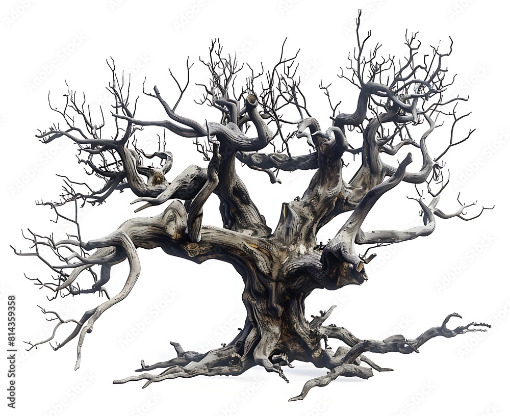 3D pixel art of an old tree with branches and roots on a white ...