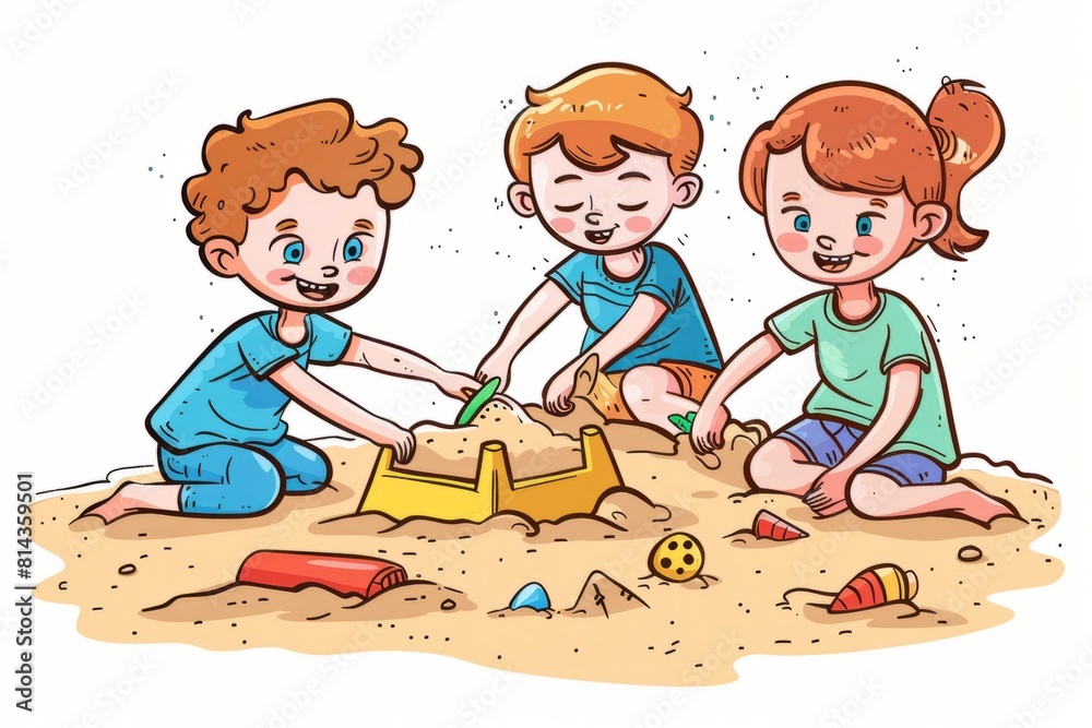 Cartoon cute doodles of youngsters digging happily in a sandbox ...