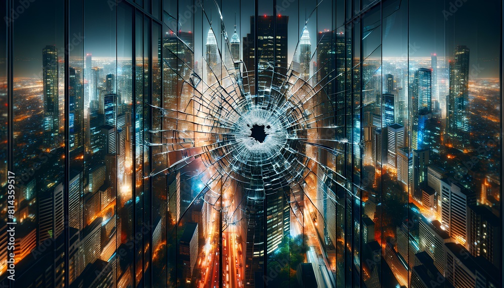 the images of the tall city building with the shattered glass panel ...