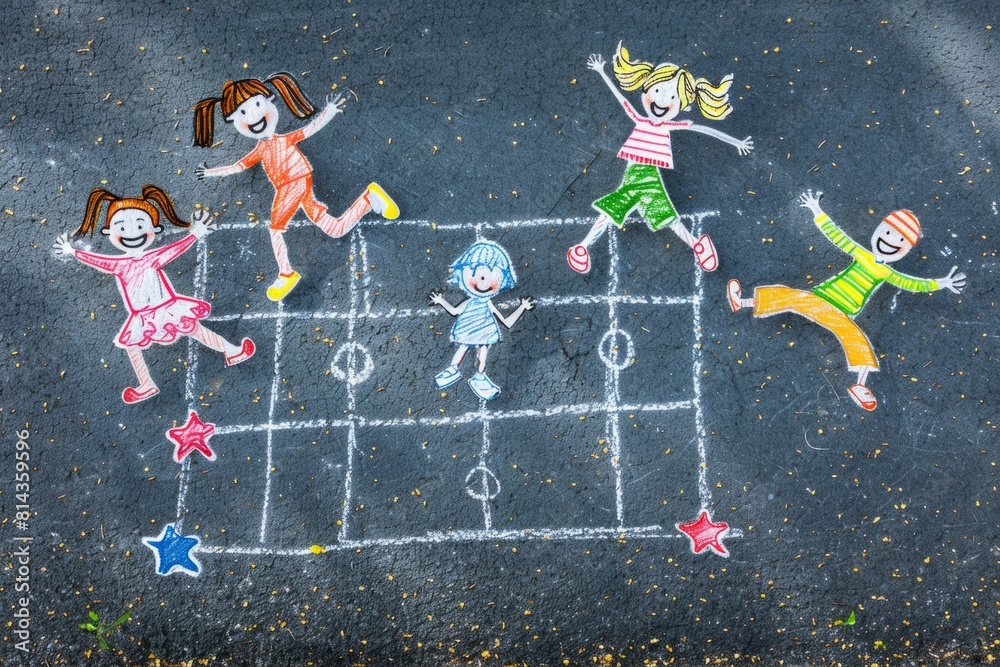 Cartoon cute doodles of youngsters leaping and hopping through a ...