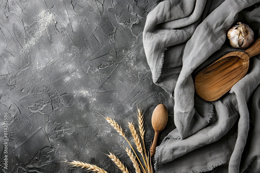 rey background with grey textile napkin. Food background for recipe ...