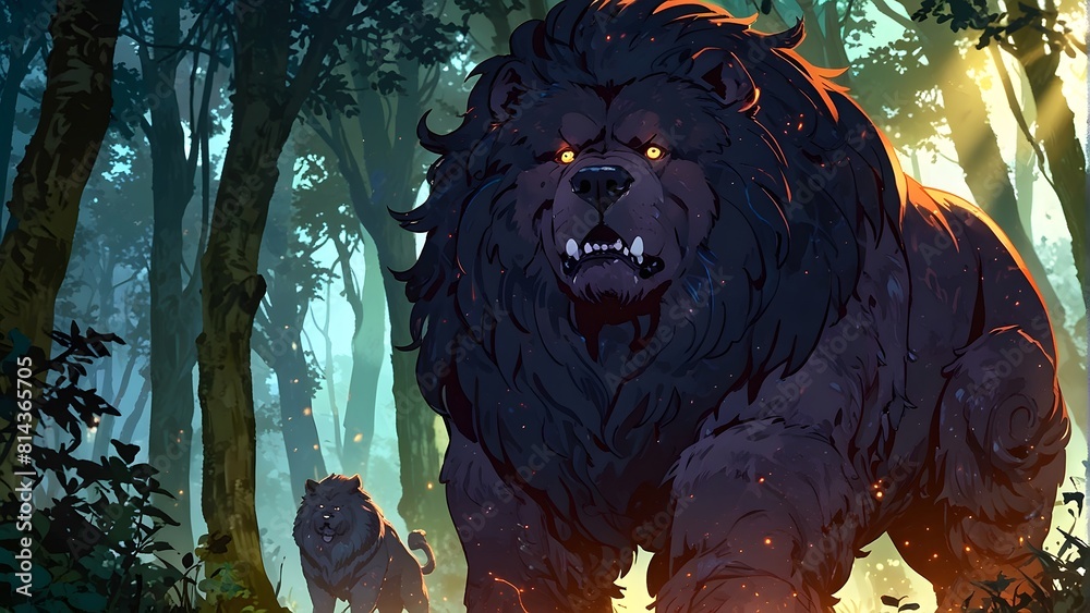 Illustration of a terrifying tibetan mastiff-like creature, dark magic ...