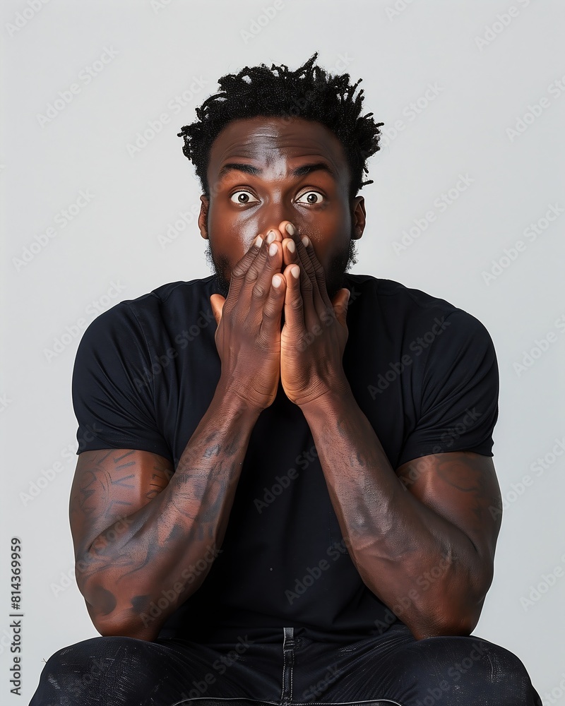 man sitting stool hands mouth professional shoot crazy eyes wide open ...