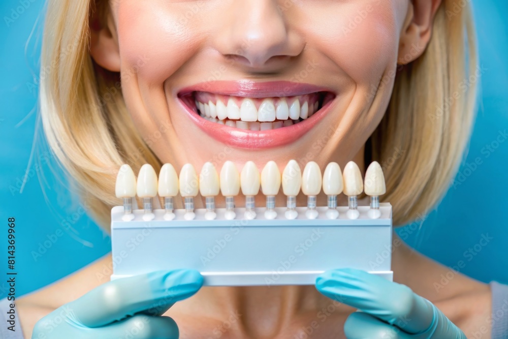 natural white teeth in light blue background in dental clinic. Hands ...