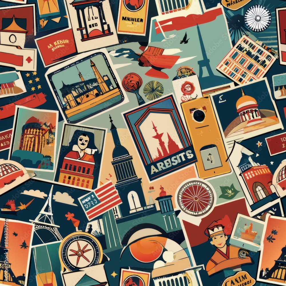 Seamless pattern of vintage postcards showcasing famous cities and ...