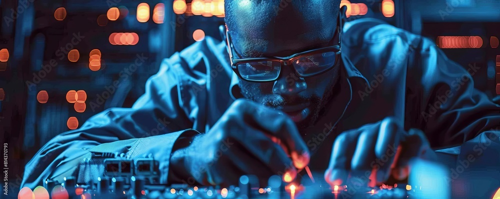Field engineer soldering in a highsecurity data center, top view ...