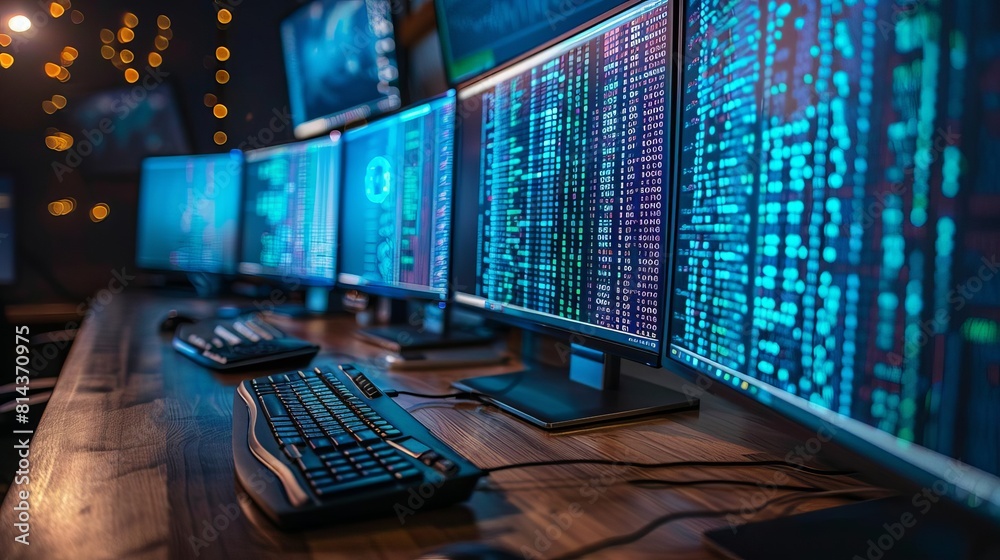 Forensic IT specialist retrieving encrypted data, shown as binary code on multiple computer ...