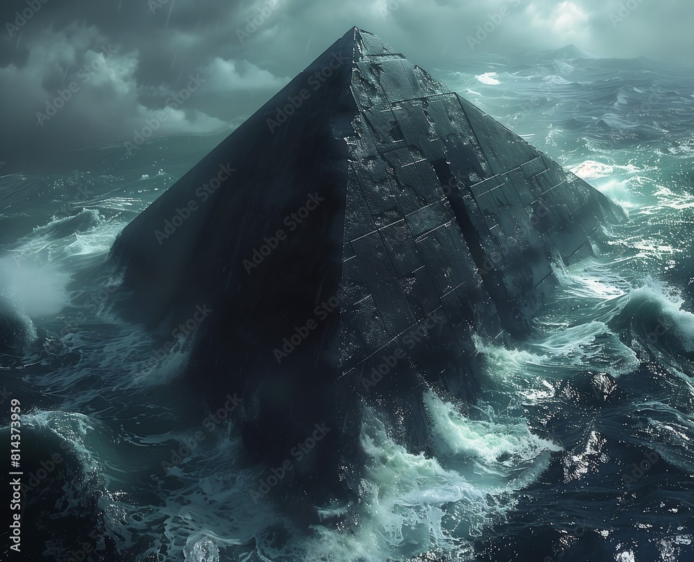 large rock middle ocean ancient pyramid surrealism year last rain earth ...