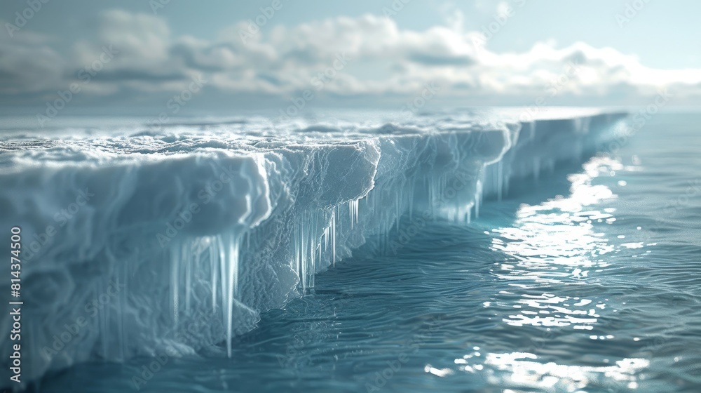 The photo shows a large piece of ice floating in the ocean. There are ...