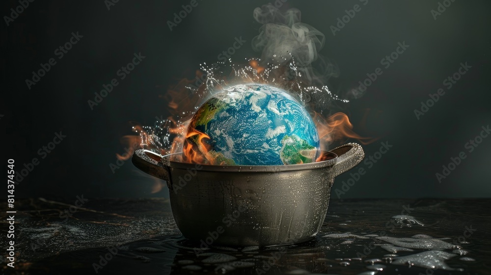 The photo shows a planet Earth inside a cooking pot. The Earth is on ...